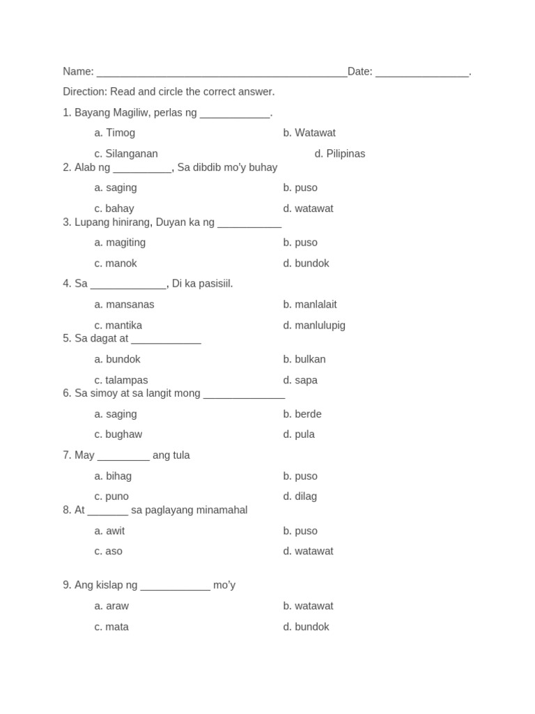 Lupang Hinirang Worksheets | PDF