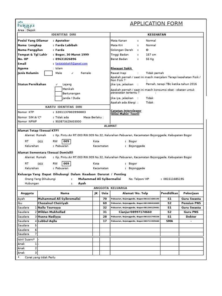 Form Application Hayyu Skin Clinic 2024 - Farda Labibah | PDF