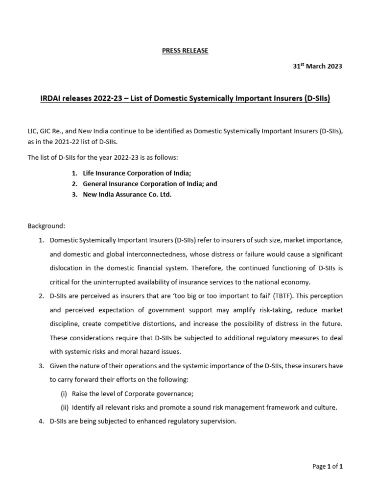 IRDAI Releases 2022-23 - List of Domestic Systemically Important ...