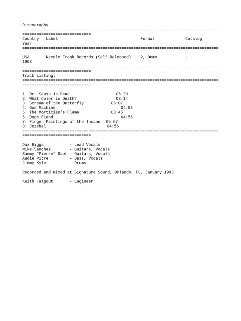 Acid Bath - 1993 - Hymns of The Needle Freaks (Release Info) | PDF