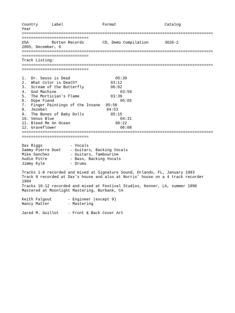 Acid Bath - 2005 - Demos - 1993-1996 (Release Info) | PDF