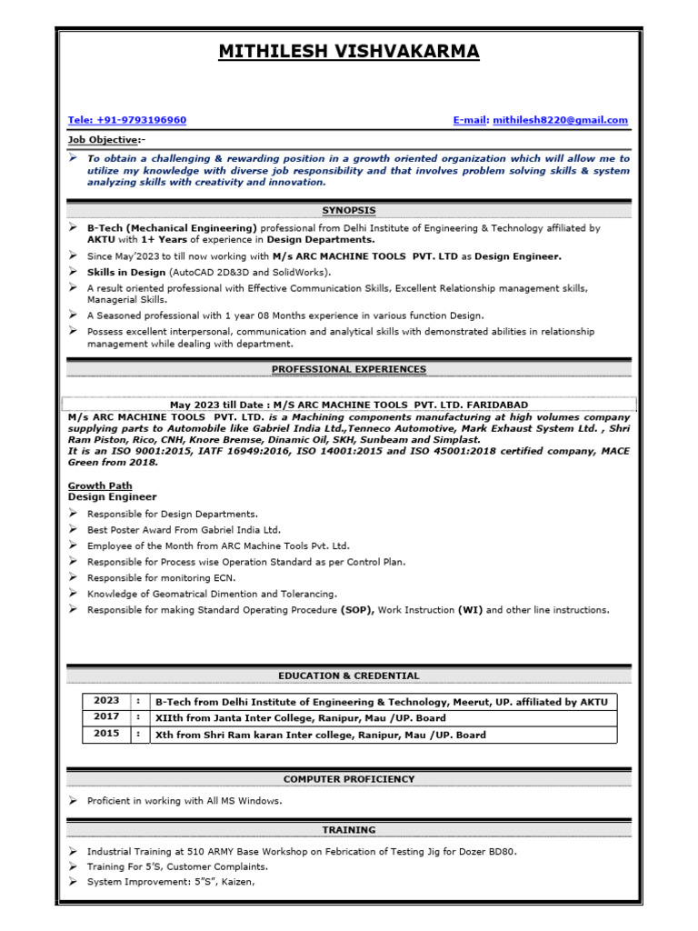 CV Mithilesh Vishvakarma | PDF | Engineering | Business