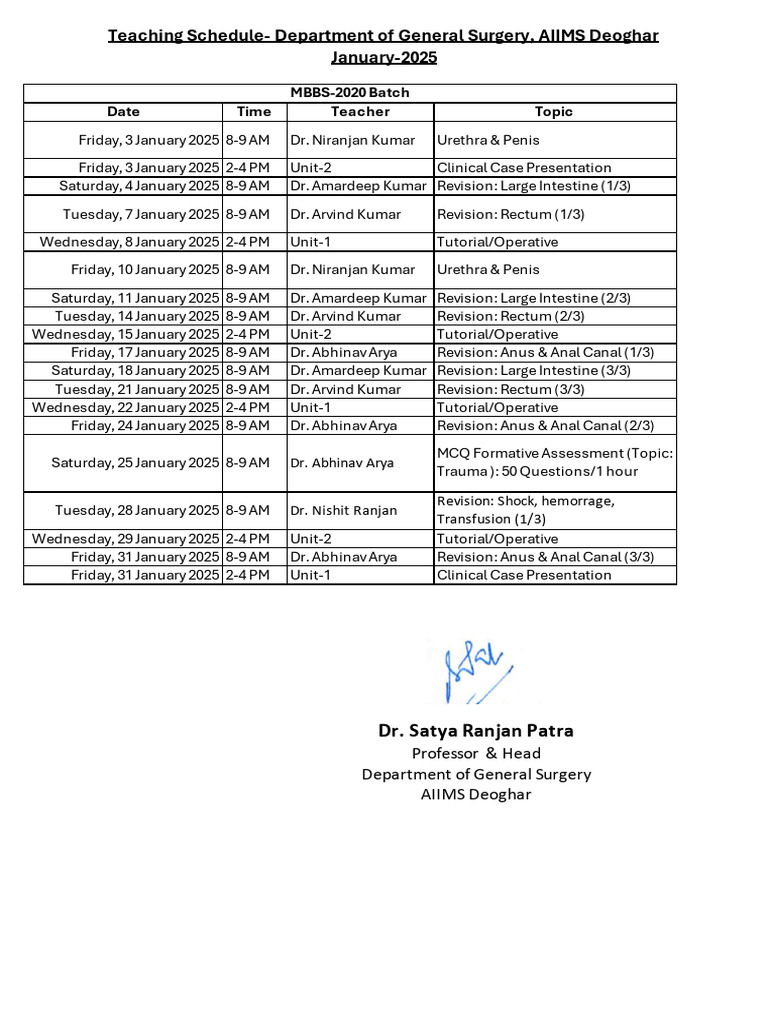 January 2025 Surgery Teaching Schedule | PDF | Pelvis | Clinical Medicine