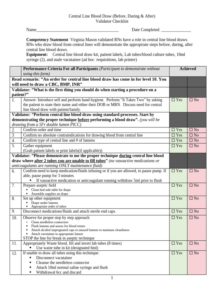 CentralLineBloodDraw RNValidatorChecklist | PDF | Intravenous Therapy ...