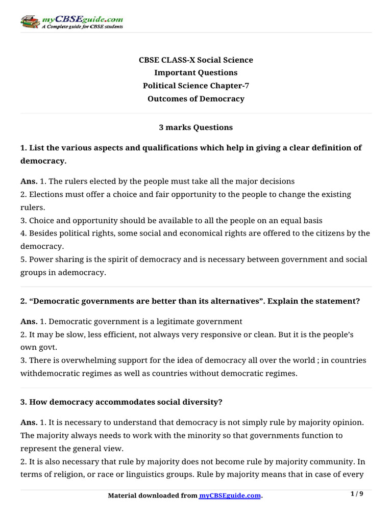 CBSE Class 10: Democracy Outcomes FAQ | PDF | Democracy | Political Ideologies
