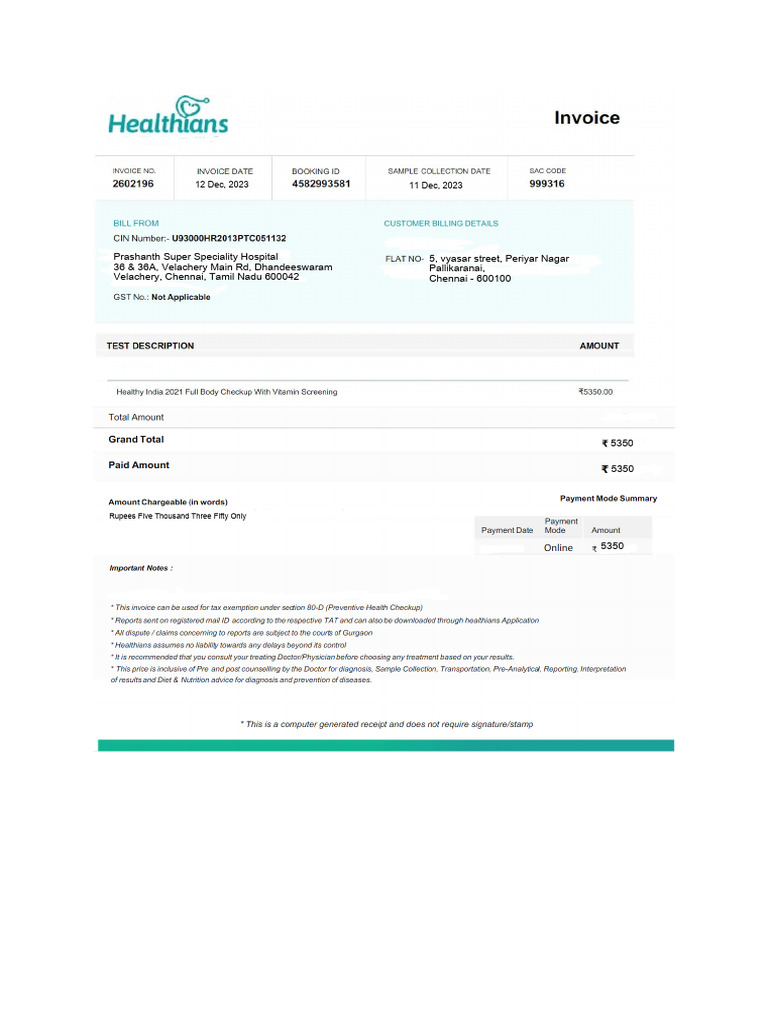 Health Check Up Invoice | PDF