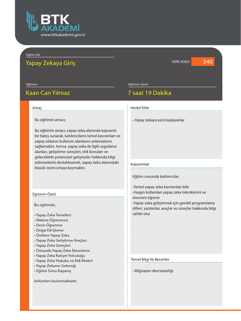 Yapay Zekaya Giriş Eğitim Bilgi Formu | PDF