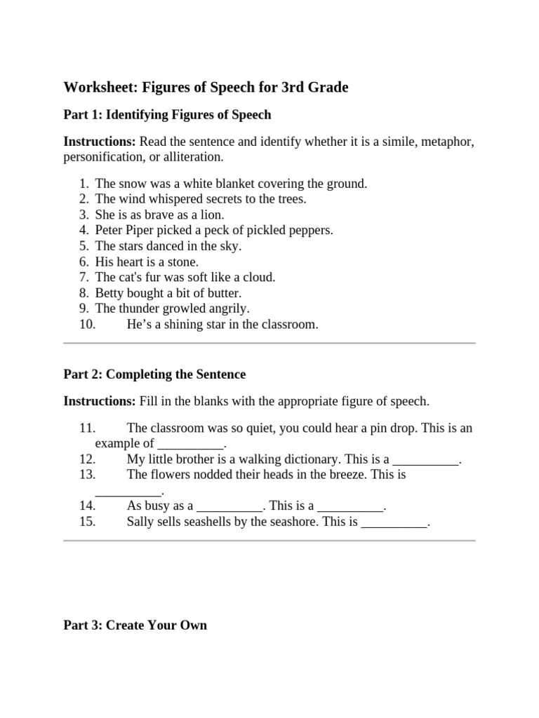 Figures of Speech Worksheet for 3rd Grade | PDF