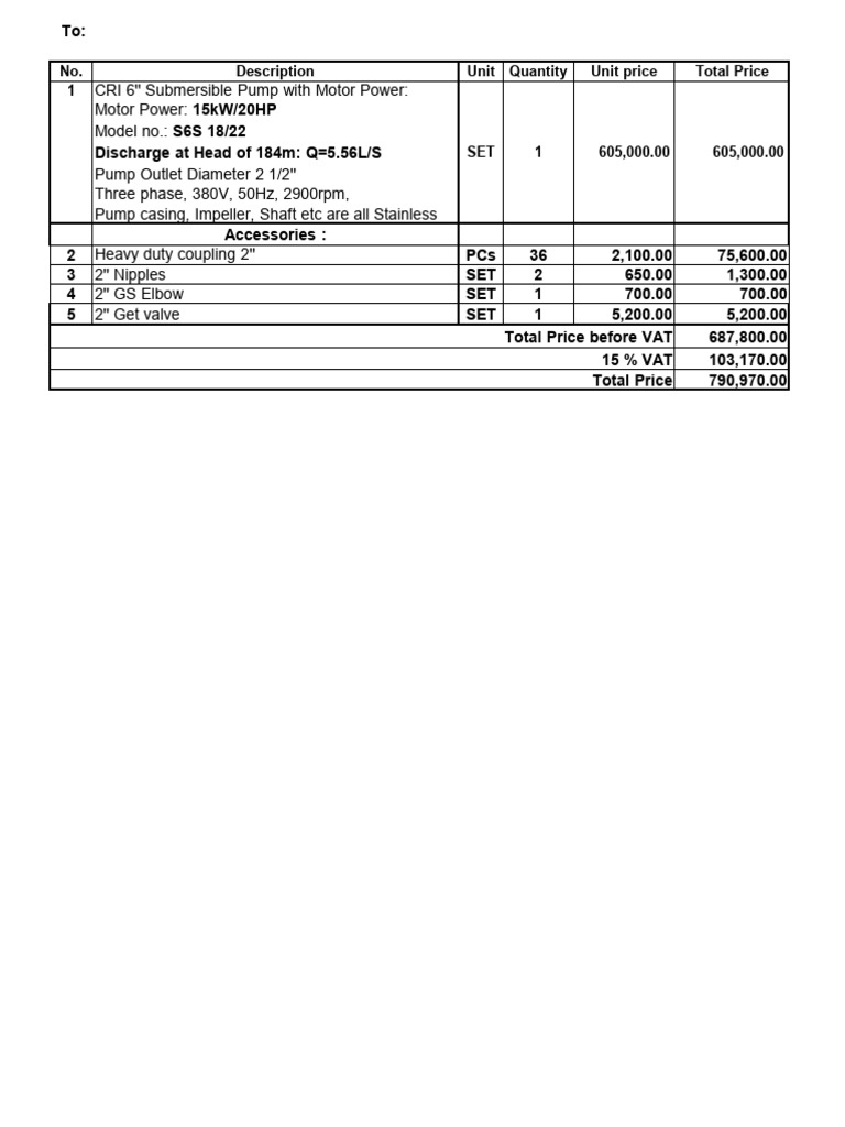 No. Description Unit Quantity Unit Price Total Price 1 SET 1 605,000.00 ...