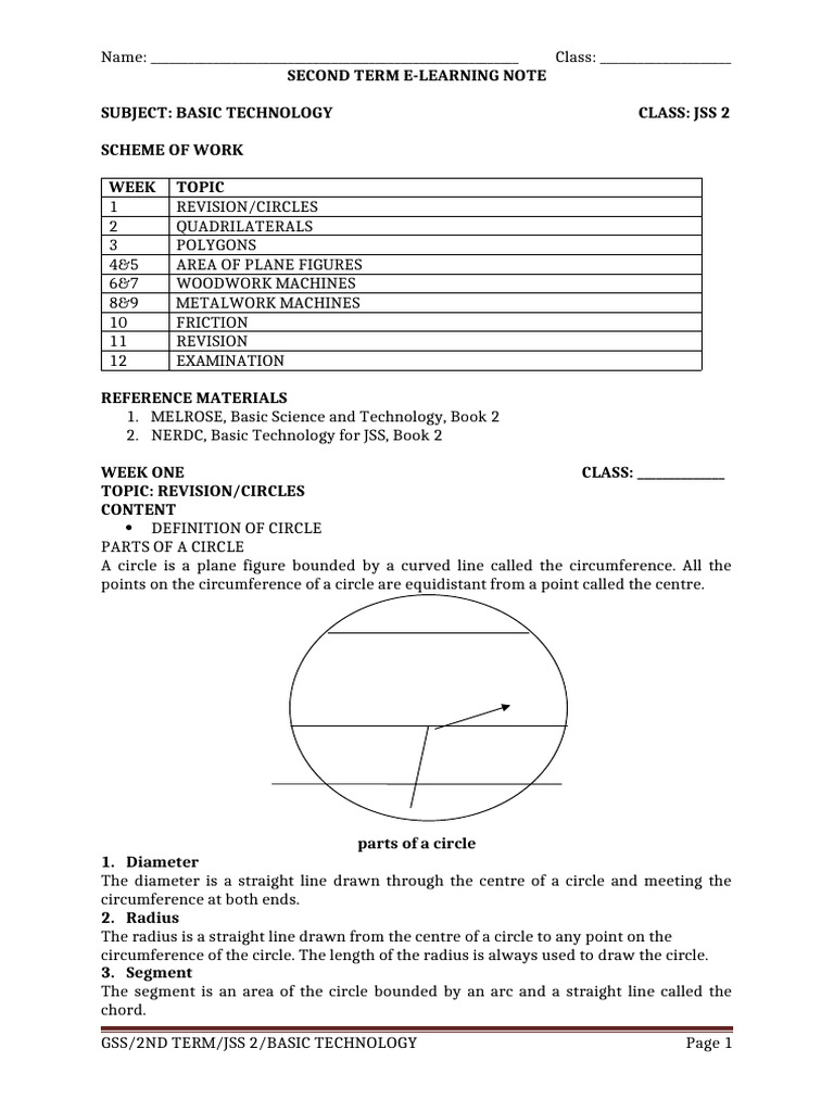 SECOND TERM JSS2 BASIC TECHNOLOGY | PDF | Area | Circle