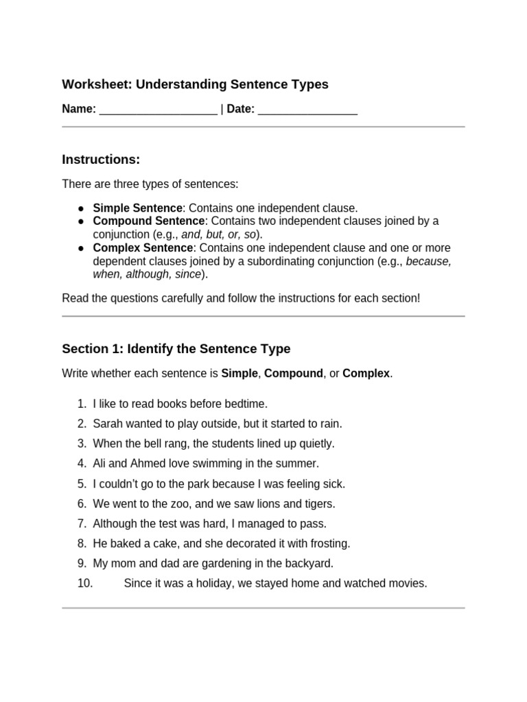 Worksheet on Sentence Types and Conjunctions | PDF | Syntax | Grammar
