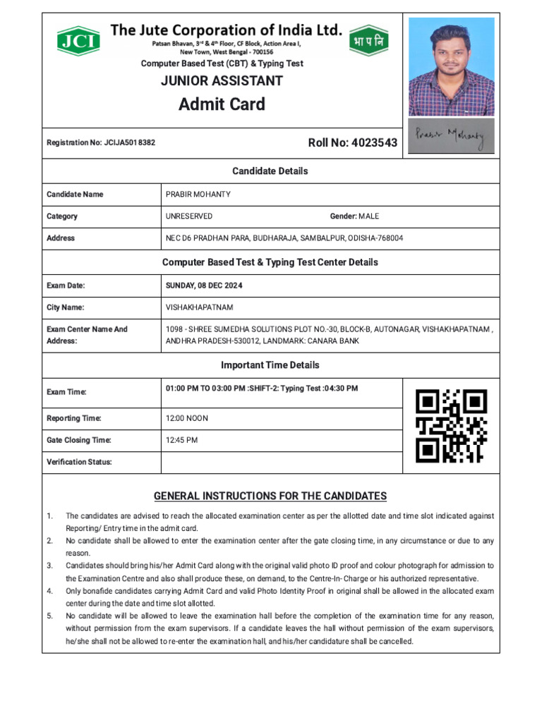 Admit Card - The Jute Corporation of India Limited (JCI) | PDF