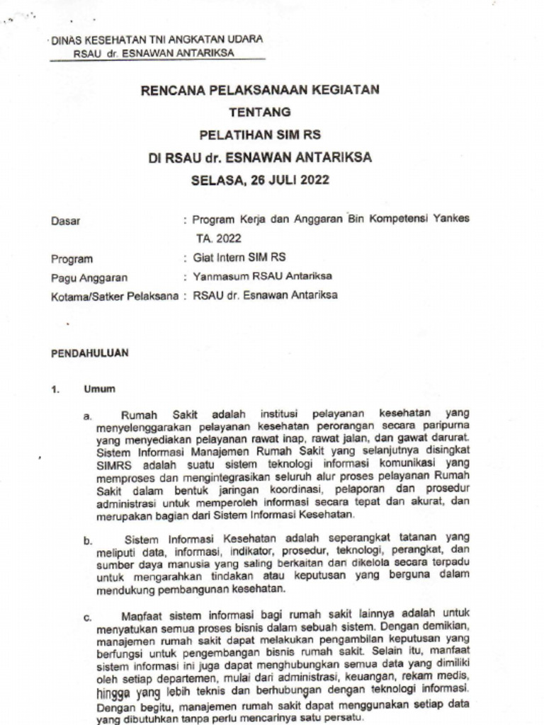 TOR Pelatihan SIMRS | PDF