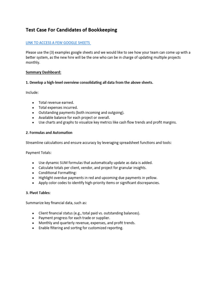 Bookkeeping Test Case & Dashboard Guide | PDF | Computing