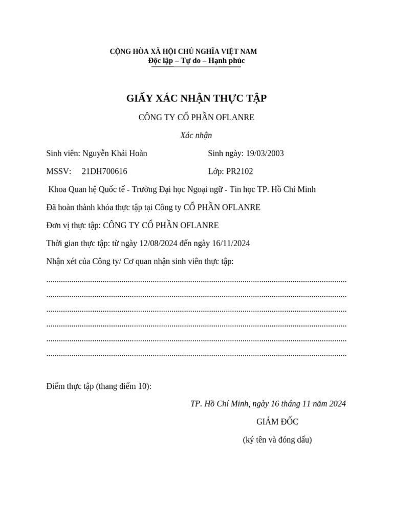 MAU GIAY XAC NHAN THUC TAP.3.2023 | PDF