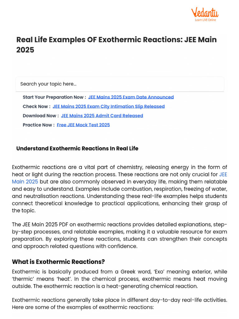 Real Life Examples of Exothermic Reactions - JEE Main 2025 | PDF