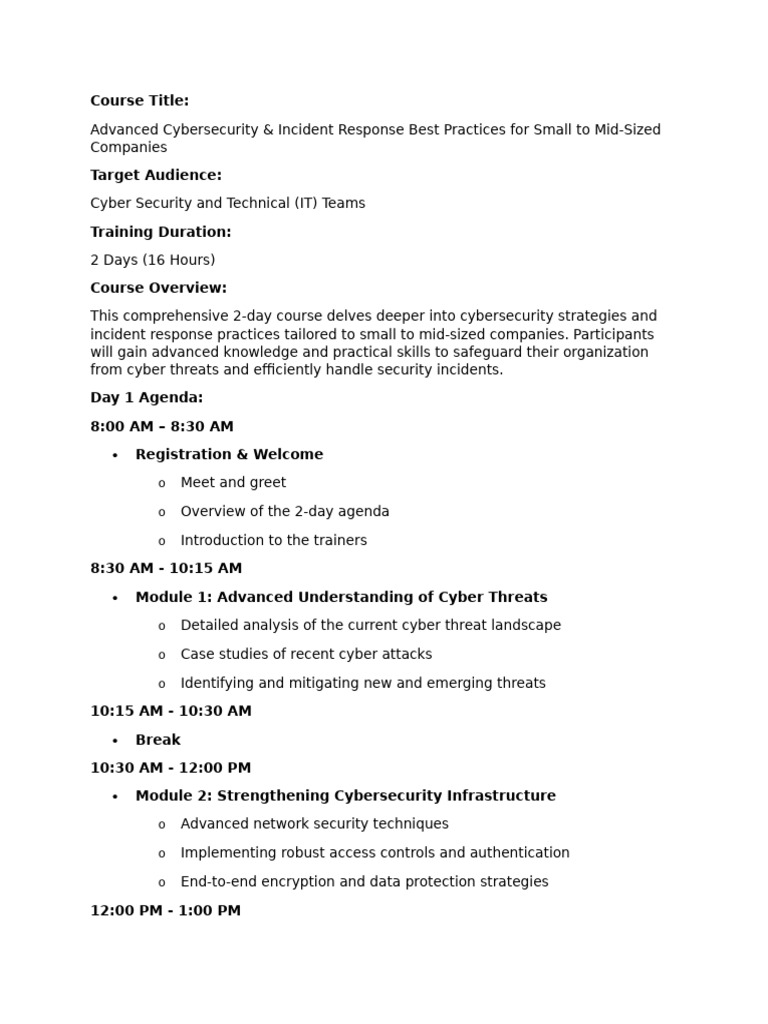 CYB-IRADV-2DAY - Cybersecurity & Incident Response Best Practices For Small To Mid-Sized ...