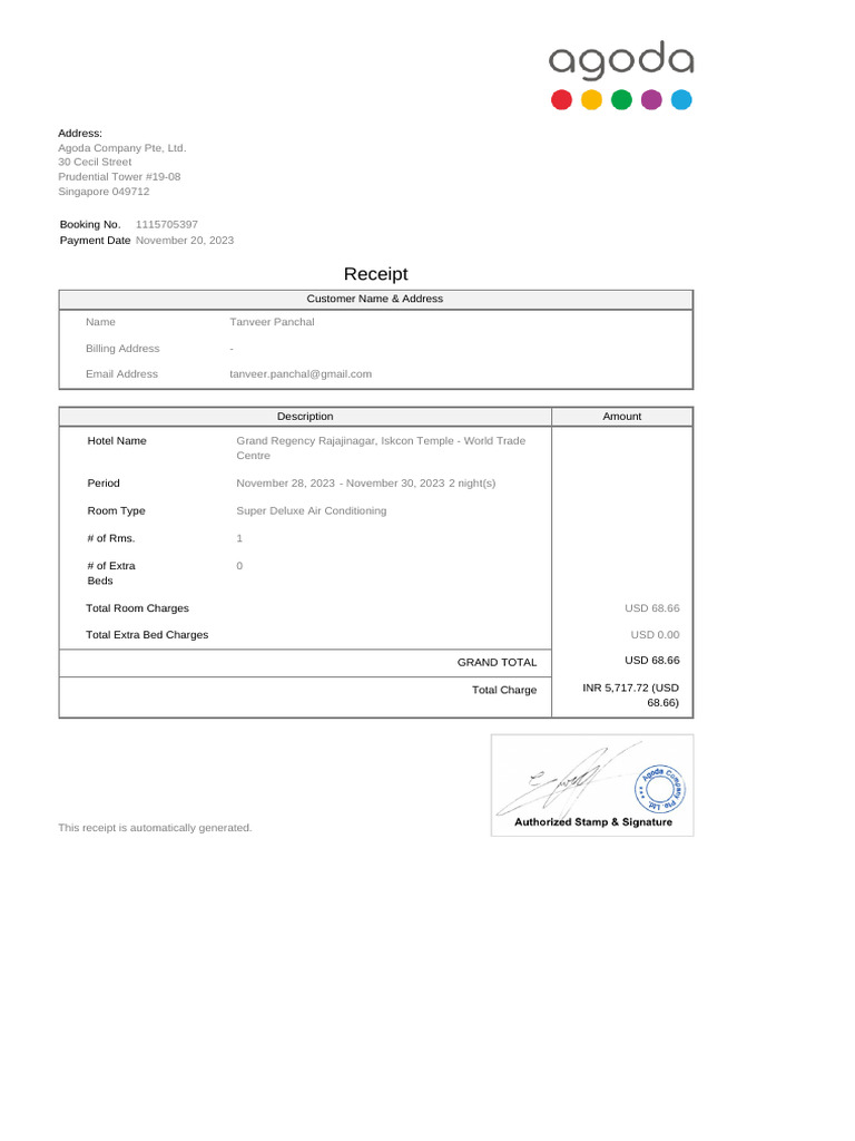 Agoda Receipt for Tanveer Panchal | PDF