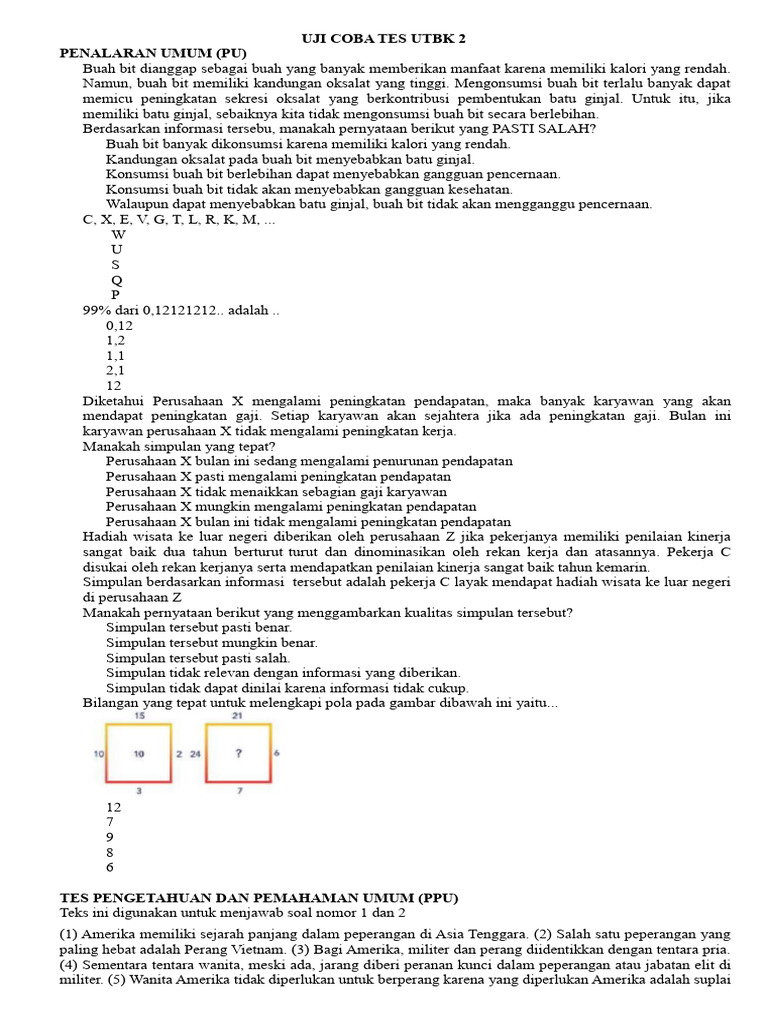 Uji Coba Tes Utbk 2 | PDF