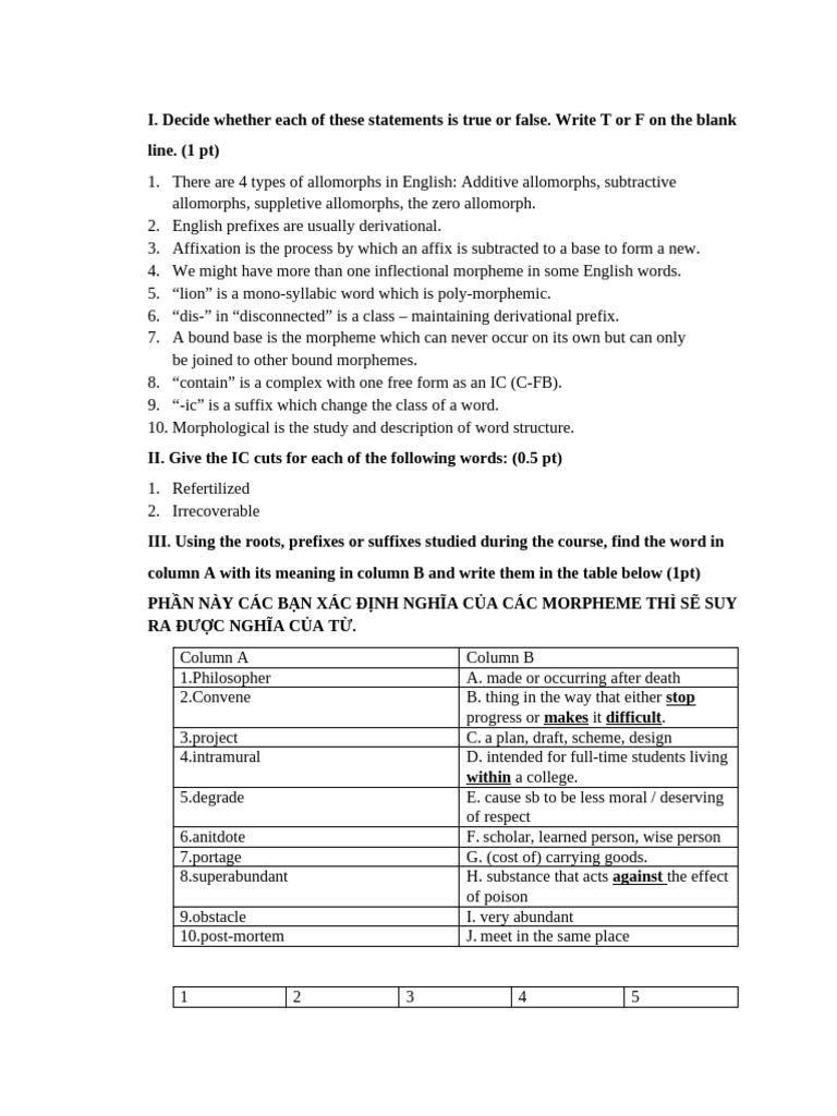 English Morphology Quiz | PDF | Morphology (Linguistics) | Word