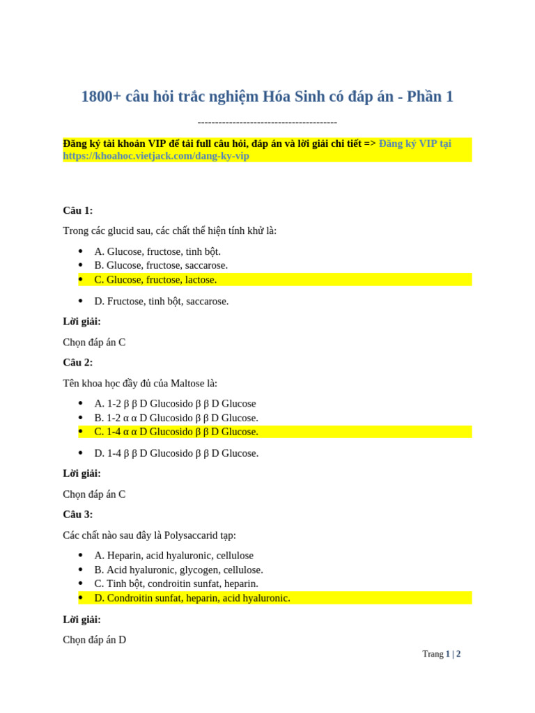 1800 Cau Hoi Trac Nghiem Hoa Sinh Co Dap An Phan 1 2025-01-08 | PDF