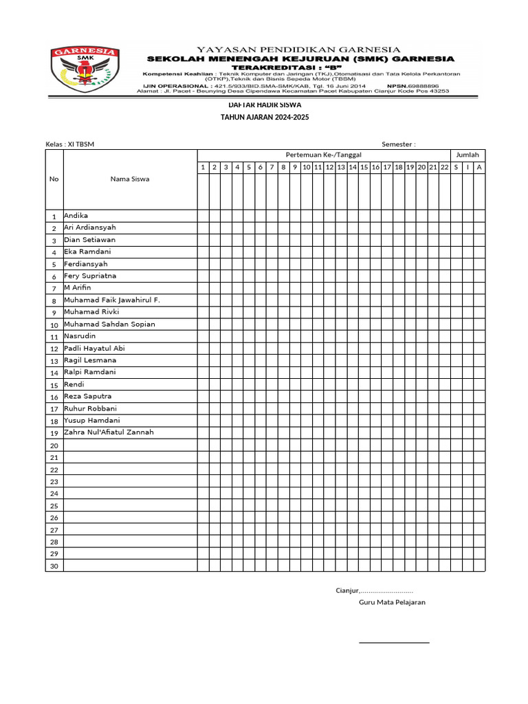 Laporan KBM Absensi Siswa SMK XI TBSM 2024-2025 | PDF