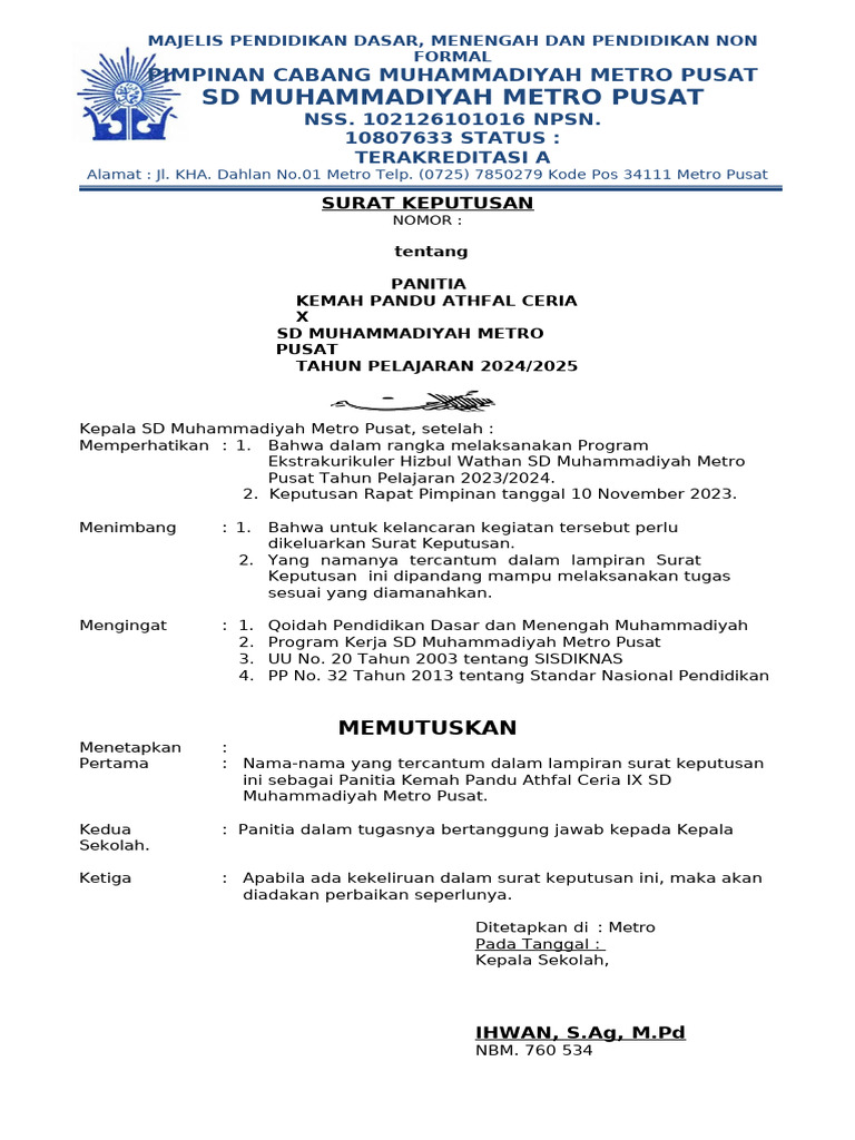 Panitia Kemah Pandu SD Muhammadiyah 2024 | PDF