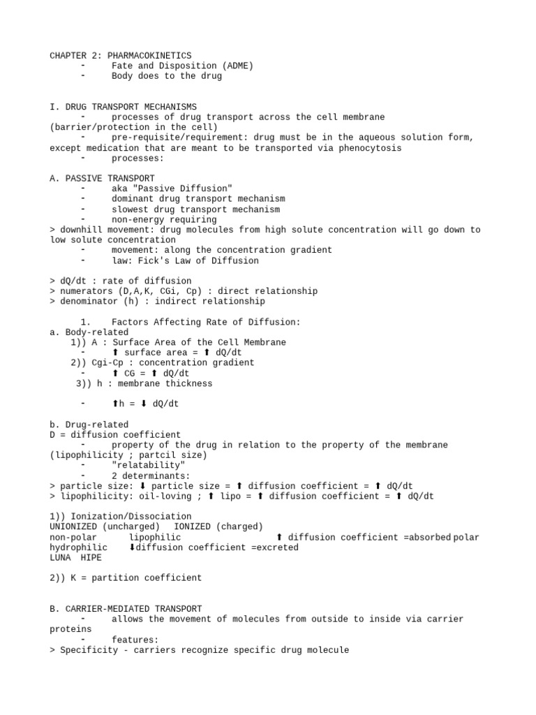 CHAPTER 2 PHARMACOKINETICS | PDF | Diffusion | Cell Membrane