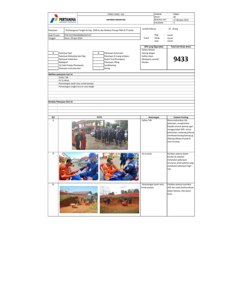 Laporan Harian HSE Proyek | PDF