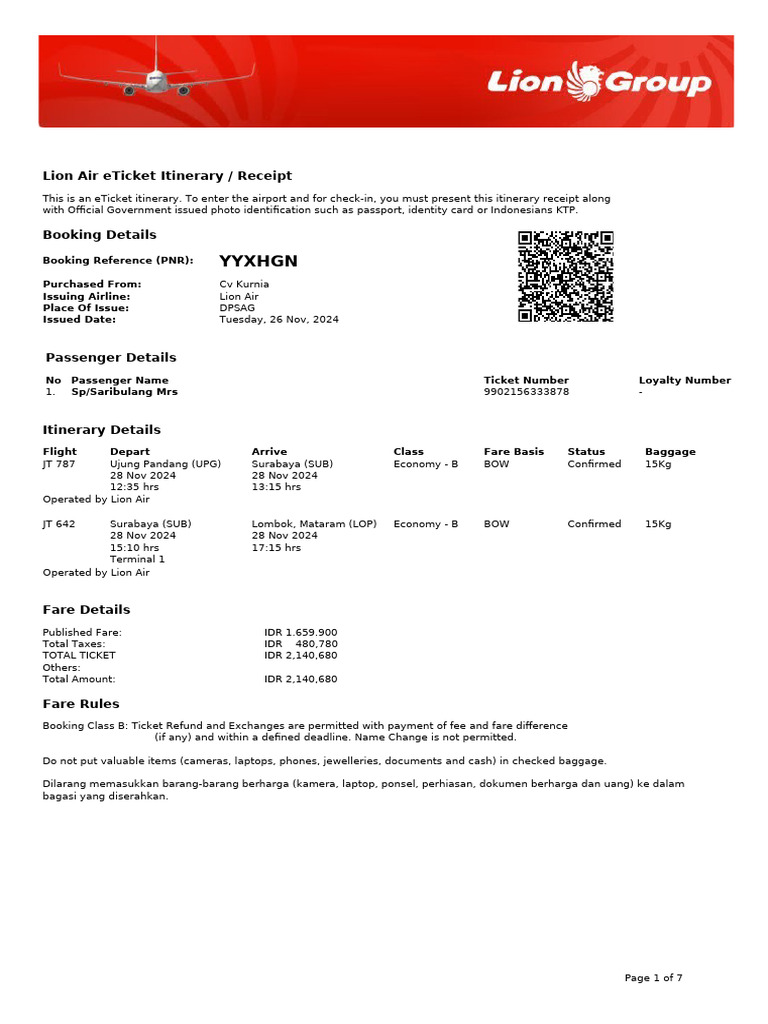 ETicket Lion 2 | PDF | Baggage | Airlines