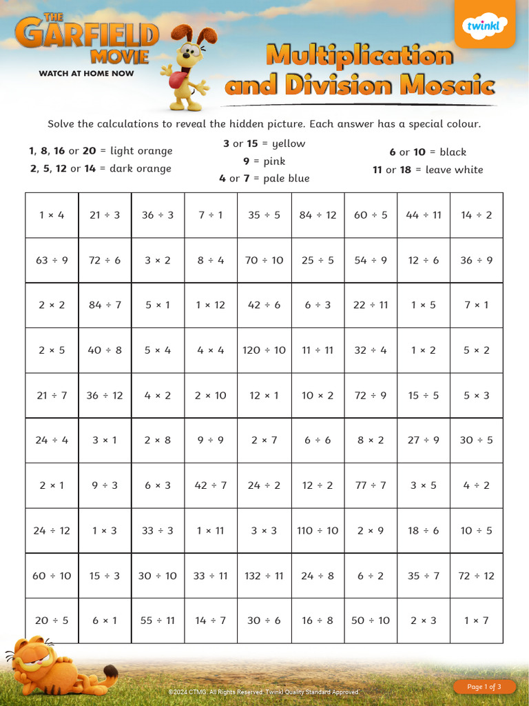 Garfield Multiplication Mosaics Differentiated Worksheets - Ver - 3 | PDF