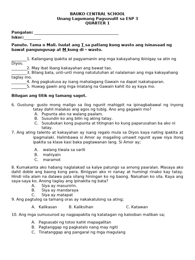 Summative Esp With TOS | PDF