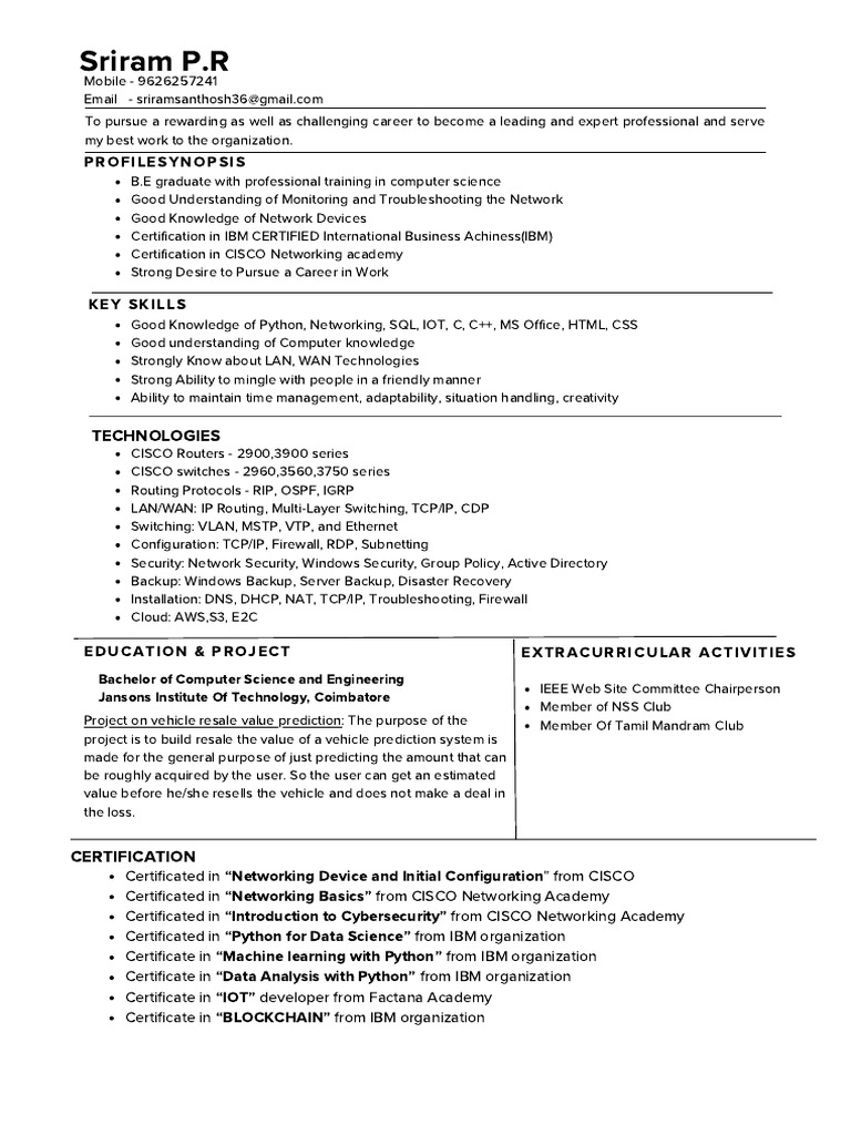 Sriram_Resume | PDF | Computer Network | Local Area Network