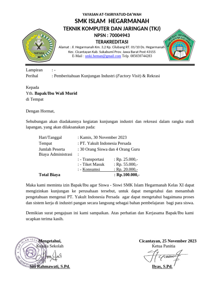 Surat Izin Kunjungan Industri 2023 | PDF
