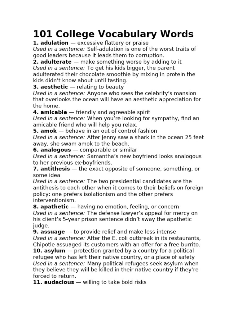 101 College Vocabulary Words | PDF