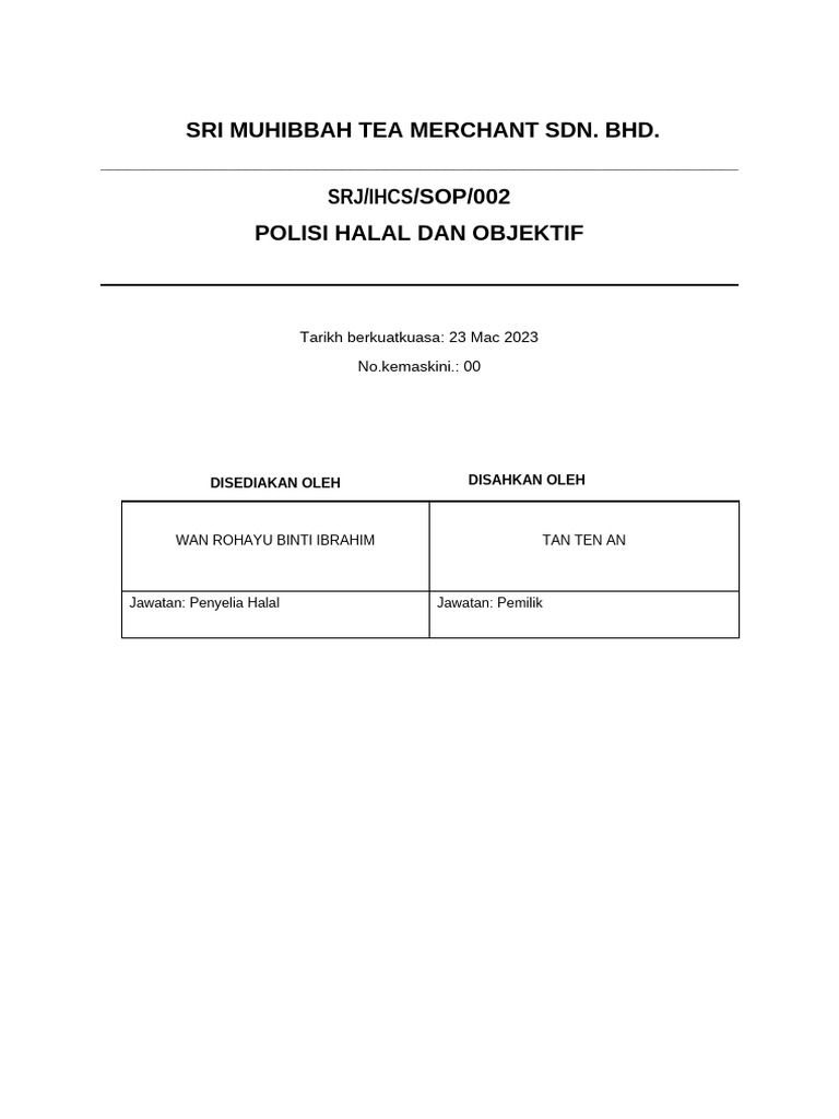 SOP 2-HALAL POLISI DAN OBJEKTIF - Docx Sri Muhibbah | PDF