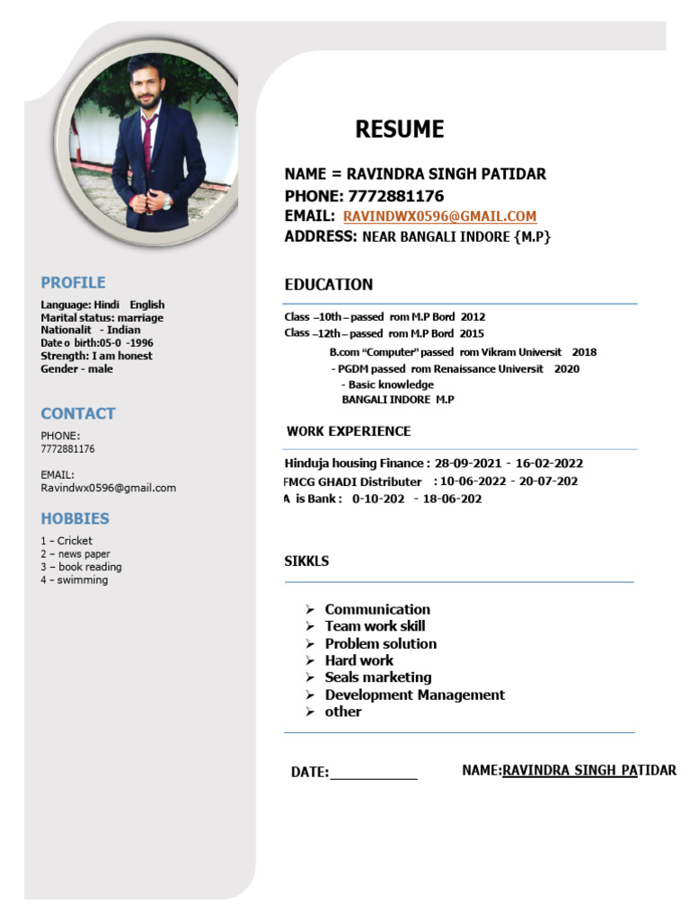 Resume: Name Ravindra Singh Patidar PHONE: 7772881176 Email: Address | PDF