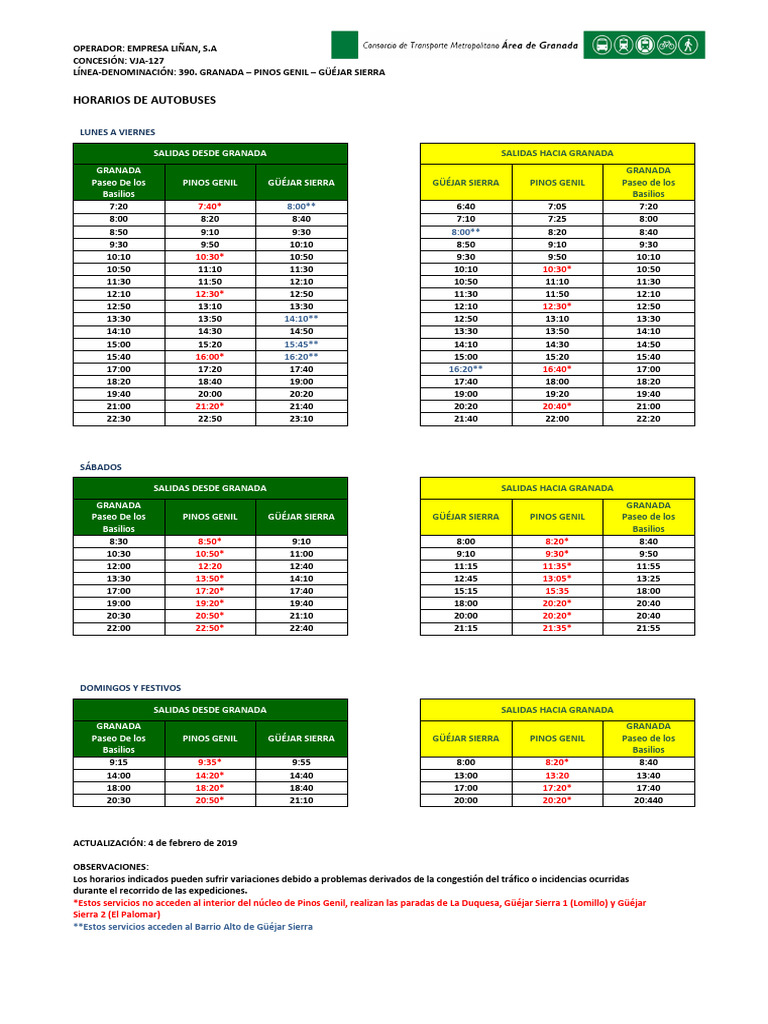 Horarios Autobuses Granada-Pinos Genil | PDF