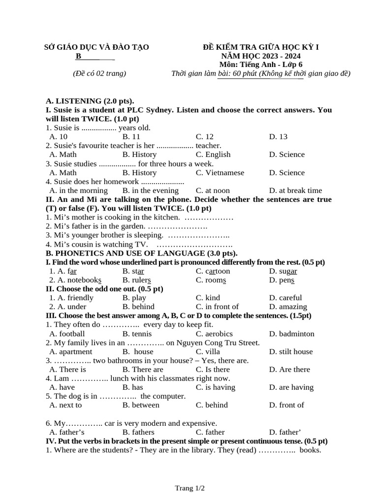 Đề Anh 6 GK1 2023-2024 | PDF | Languages | Foreign Language Studies