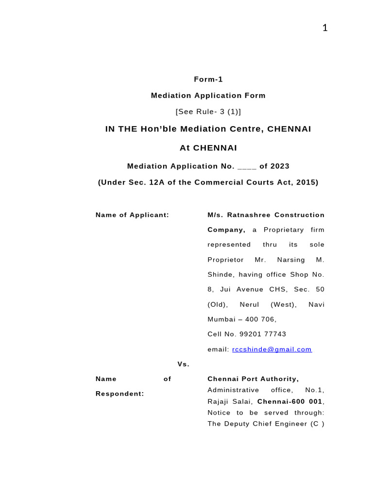 Chennai Mediation Application Form | PDF | Liquidated Damages | Interest