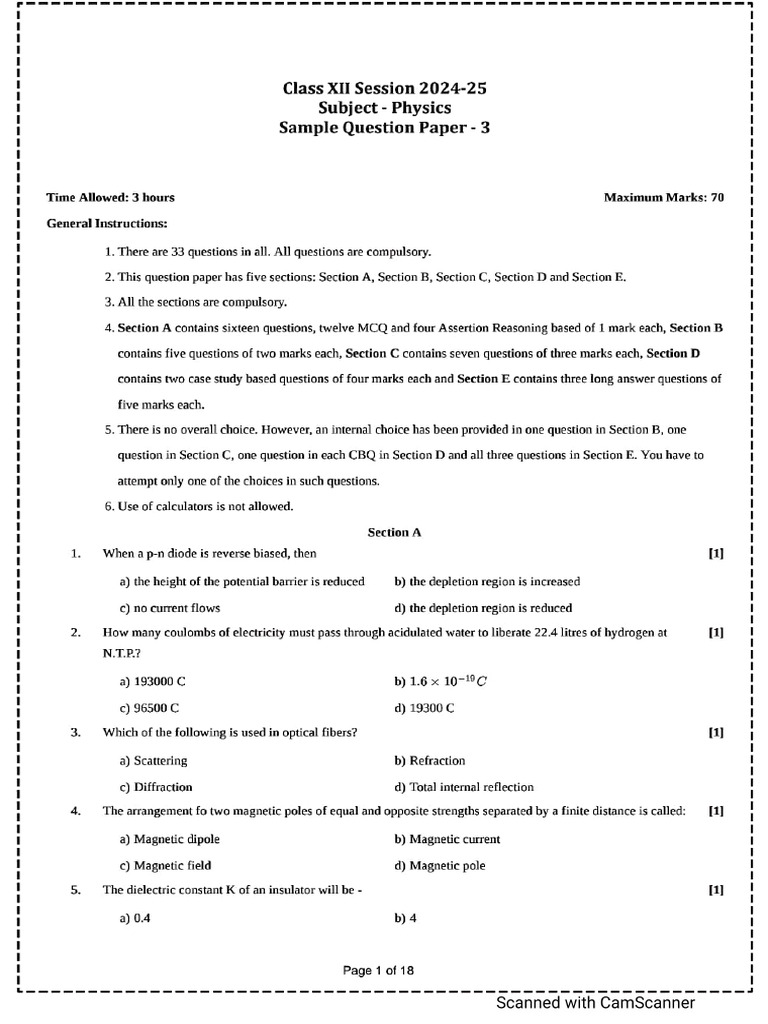 Physics Sample Paper XII 2024-25 | PDF
