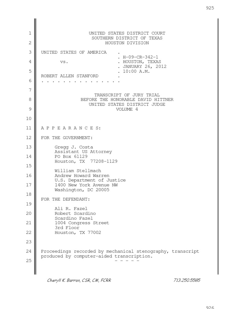 Allen Stanford Criminal Trial Transcript Volume 4 Jan. 26, 2012 | Cross ...
