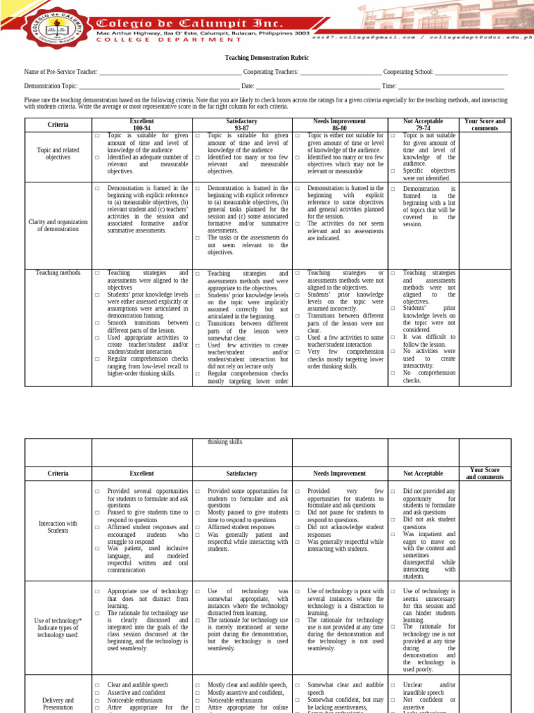 Teaching Demonstration Evaluation Rubric | PDF | Rubric (Academic ...