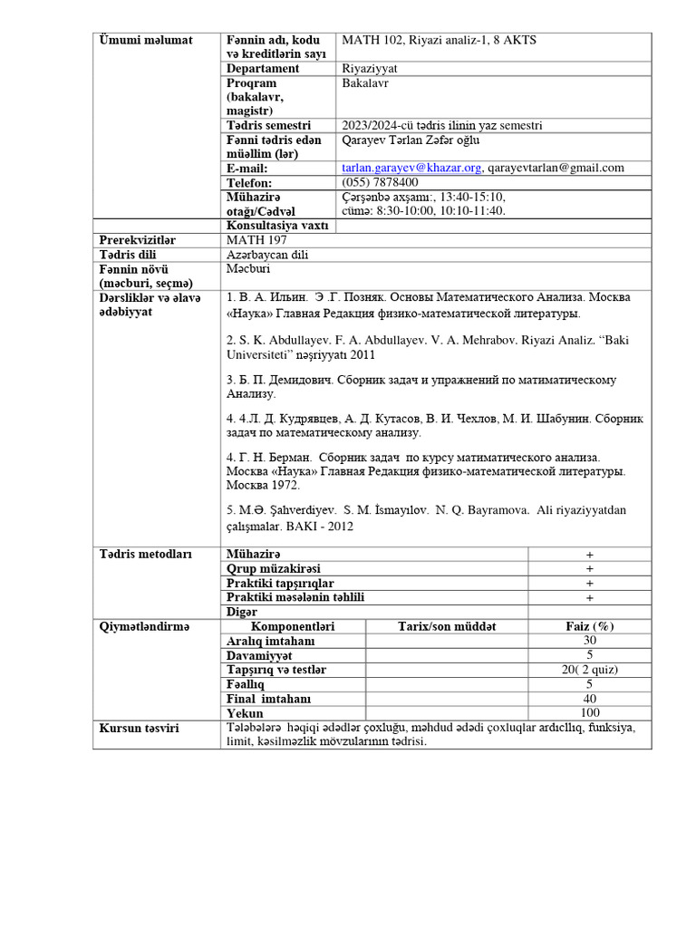Tərlan Qarayev - Riyazi Analiz-1 | PDF