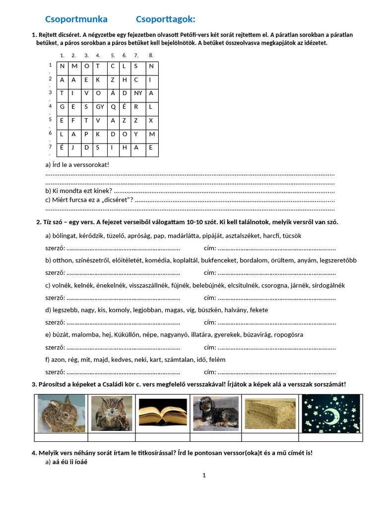 5. o. Irodalom Csoportmunka VERSEK (Részösszefoglalás) | PDF