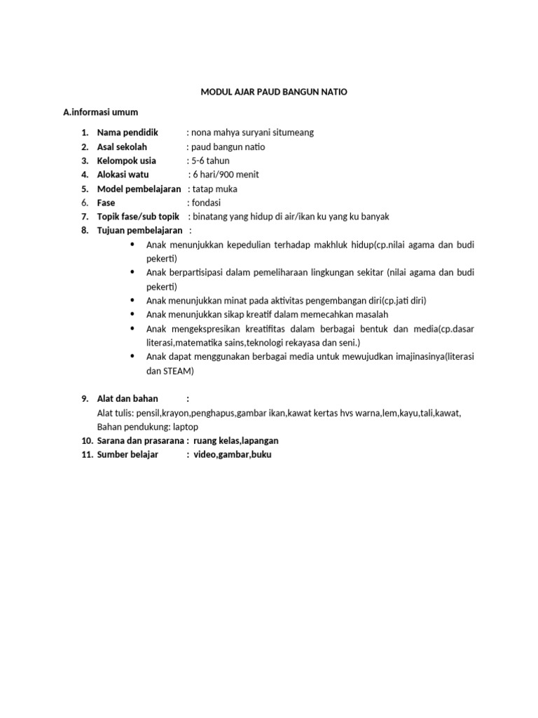Modul Ajar PAUD: Binatang Air untuk Anak | PDF