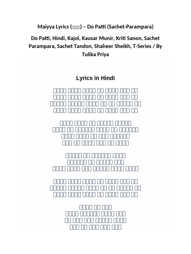 Maiyya Lyrics (मैया) - Do Patti (Sachet-Parampara) | PDF