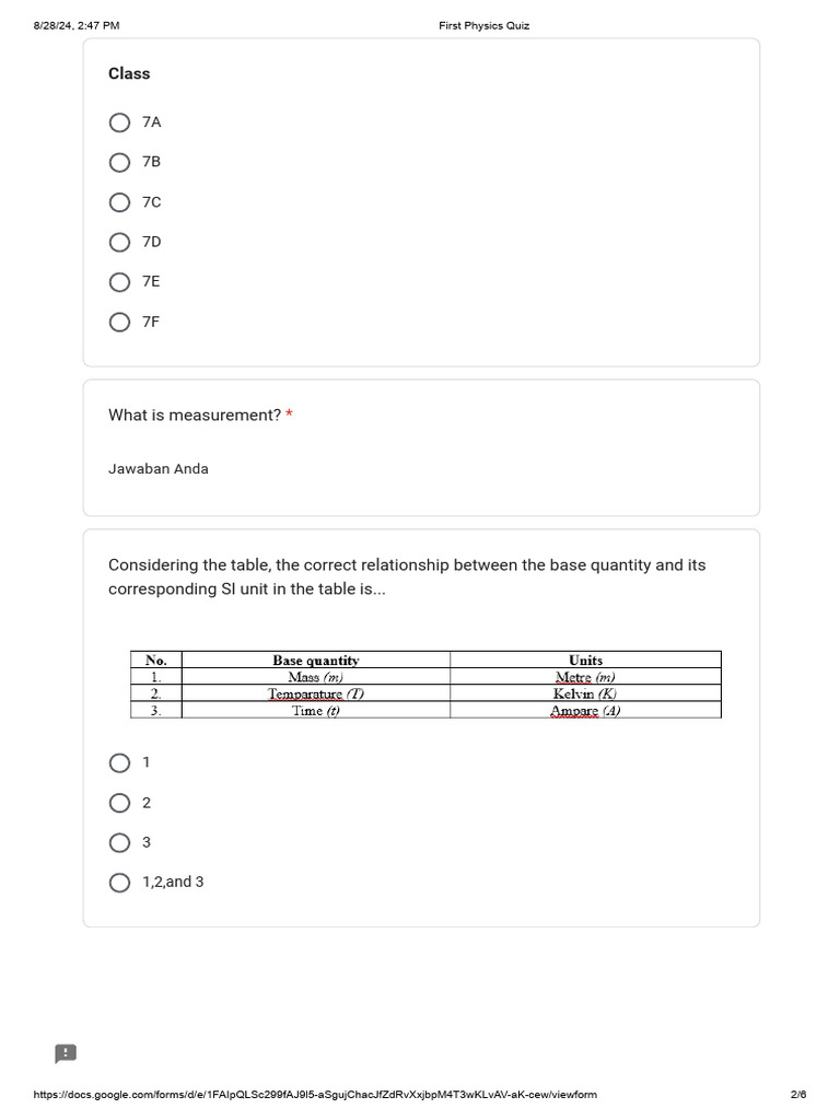 First Physics Quiz on Measurement Concepts | PDF | Density | Physics