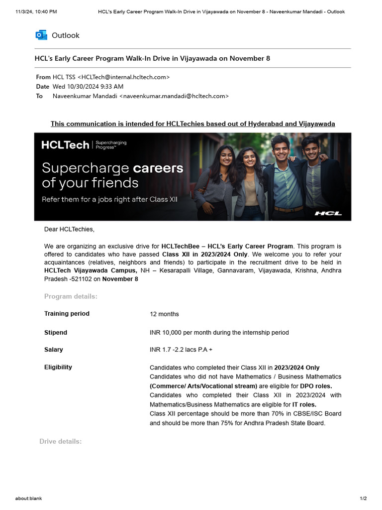 HCL's Early Career Program Walk-In Drive in Vijayawada On November 8 ...
