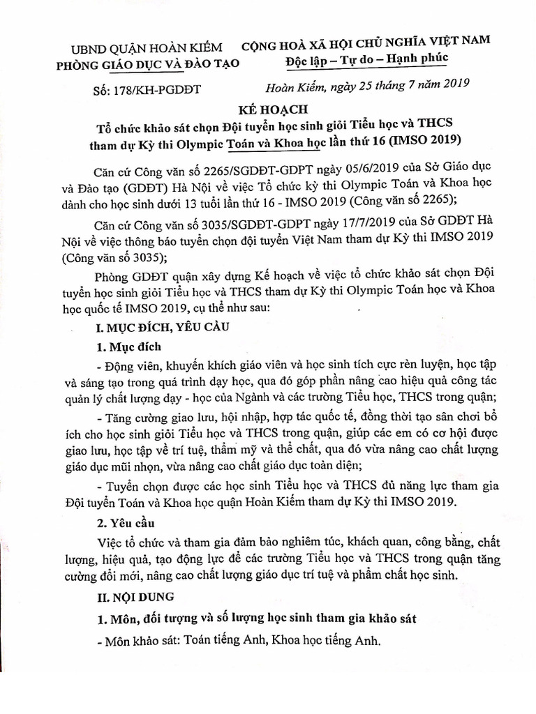 2019 - 07 - 29 - PGD HK - KH To Chuc Khao Sat Chon Doi Tuyen IMSO 2019 | PDF